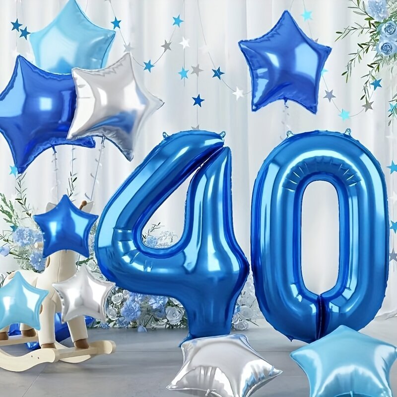 Набор фольгированных шаров с цифрой 40, 11 шт, темно-синие, голубые и серебряные звезды, для дня рождения, юбилея, совершеннолетия и пенсии