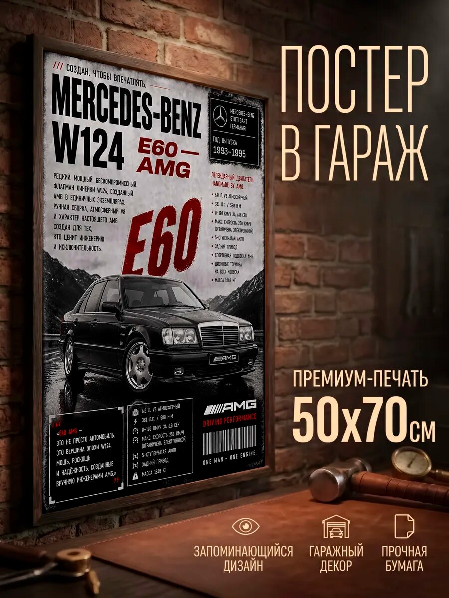 Постер на стену большой 50*70 без рамки авто Мерседес W124