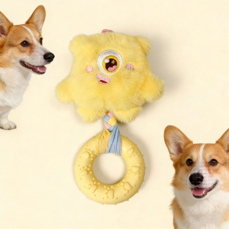 Жевательная игрушка для собак из тканевых полосок TPR в виде пончика с пищалкой, желтый одноглазый монстр