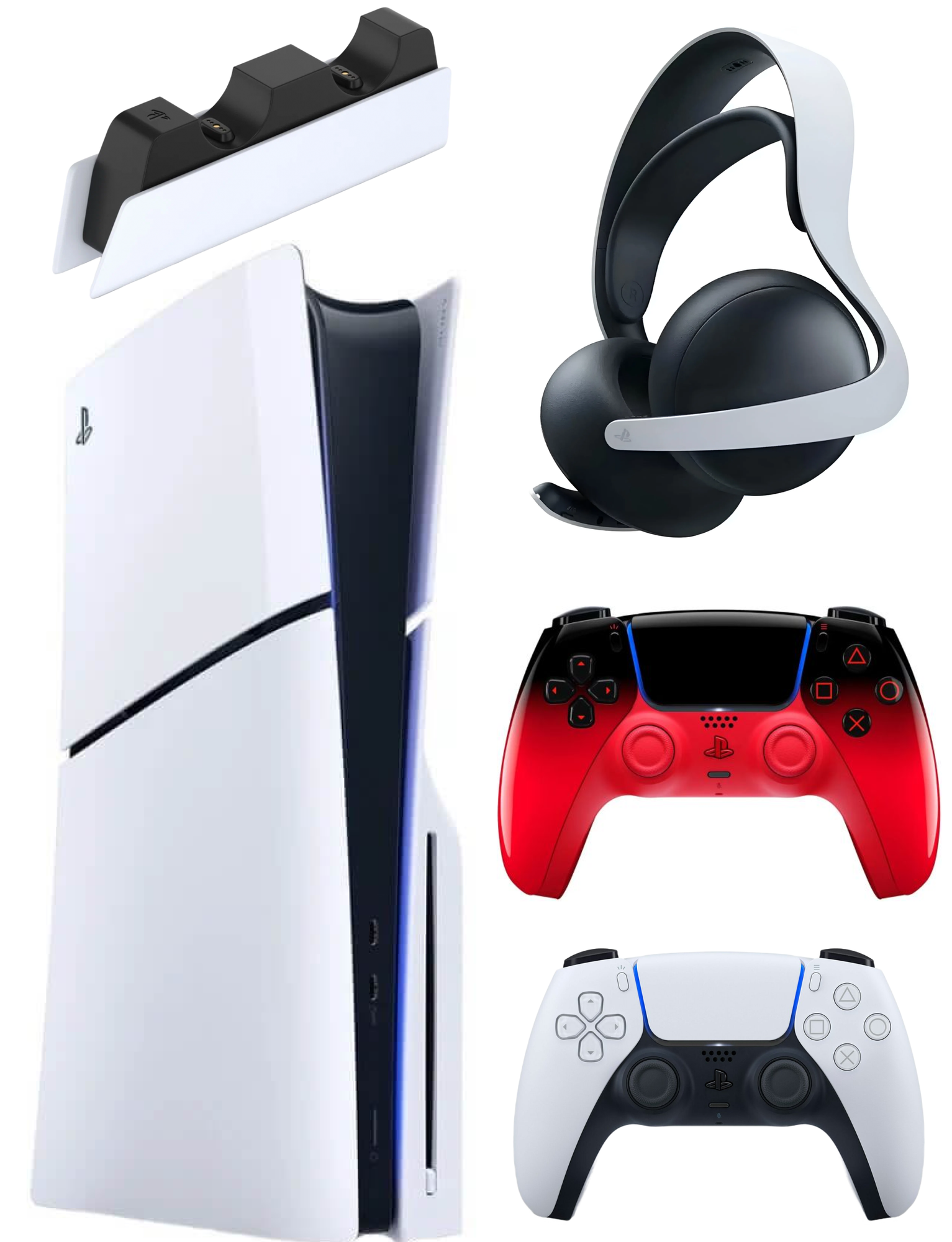 Игровая приставка Sony PS5 Slim Disc 1TB (c дисководом)+2-ой геймпад+зарядная станция и наушники Pulse Elite White