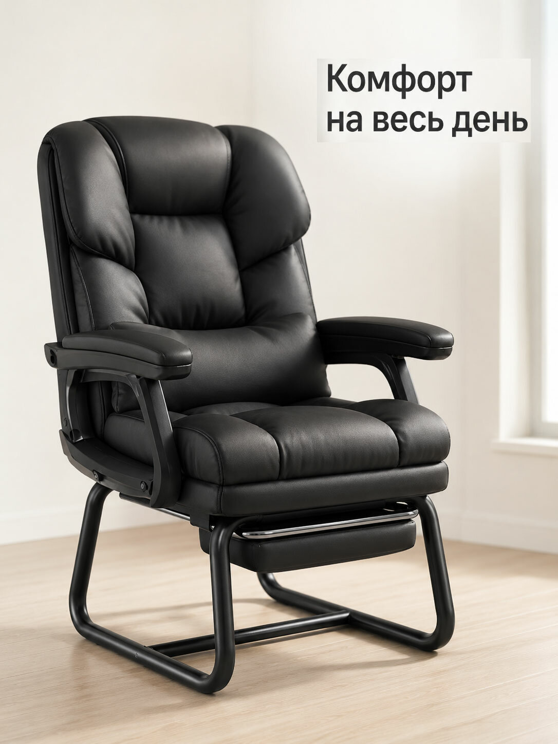 Офисное кресло чёрное, с поясничной подушкой и подставкой для ног, стальные ножки, комфорт