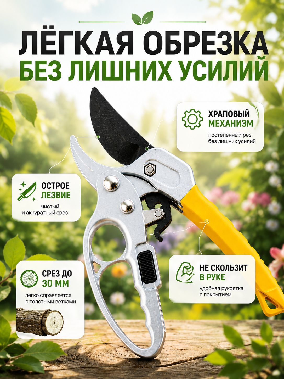 Секатор садовый ручной с храповым механизмом, для обрезки веток до 20мм, профессиональный, сталь SK5