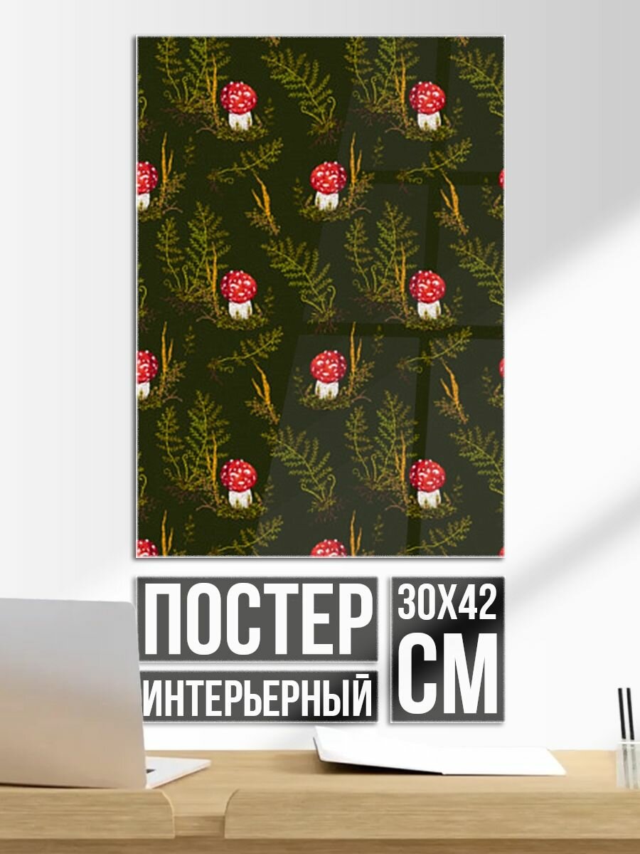 Постер на стену Мухоморы и папоротник вышивка