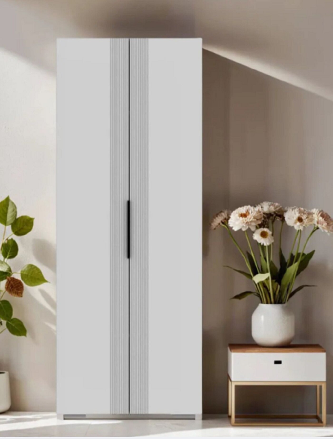 Шкаф комбинированный с полками и штангой 2-х створчатый Кения 80х48х208,4 см Белый/ МДФ Белый софт, петли с доводчиком