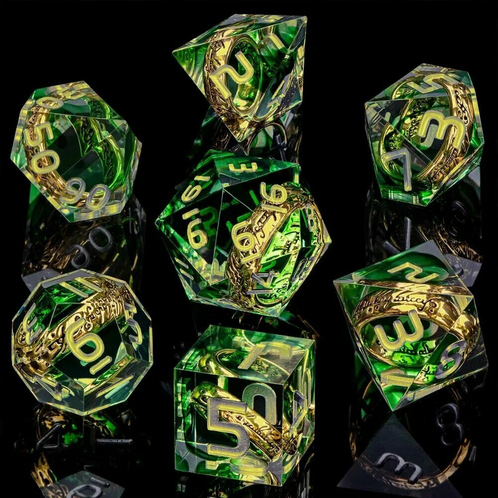 Кубики днд из смолы с острыми краями Дайсы для Dungeons & Dragons Зеленые кости с кольцом внутри Набор 7 шт