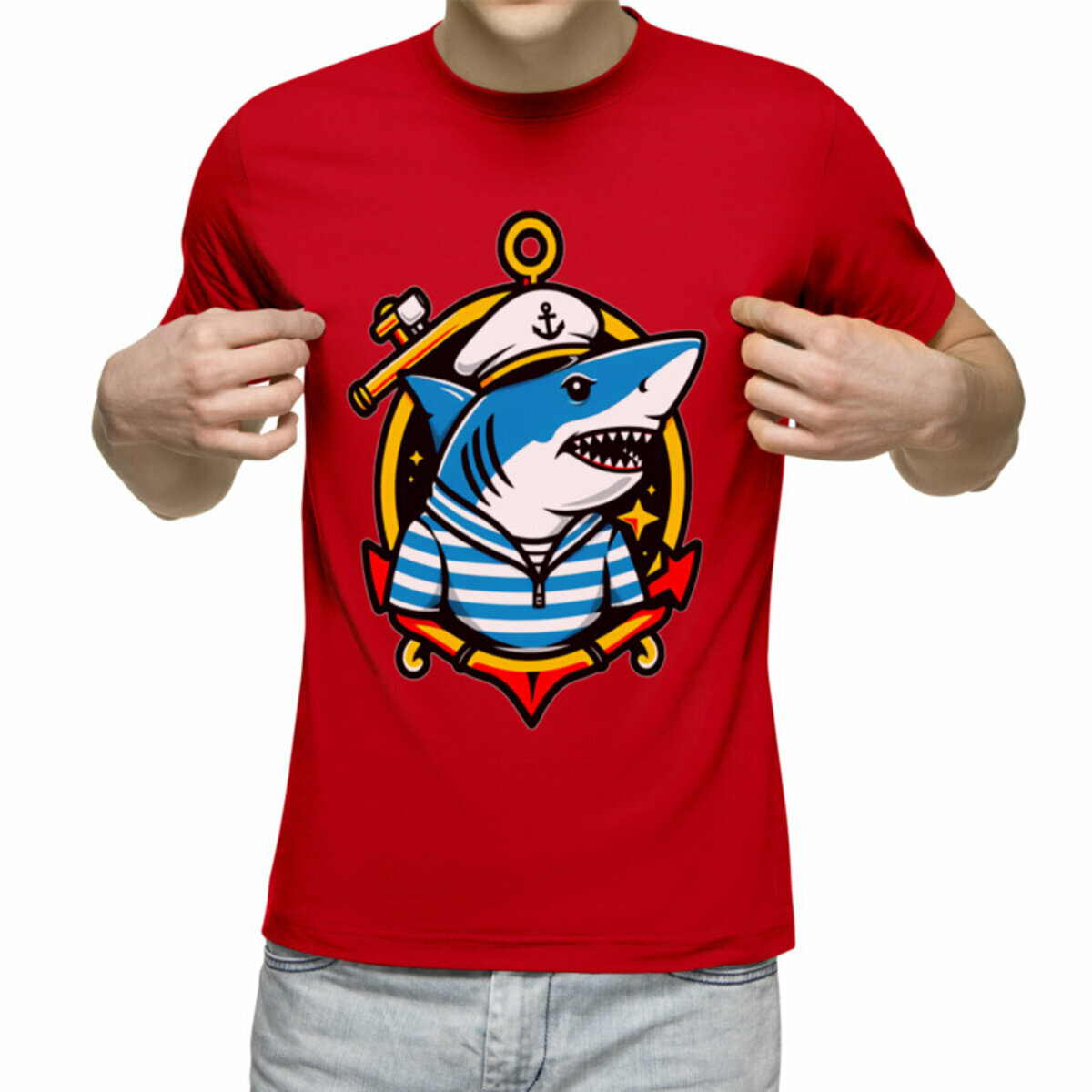 Мужская футболка «Акула-моряк на вахте» (красный, S)