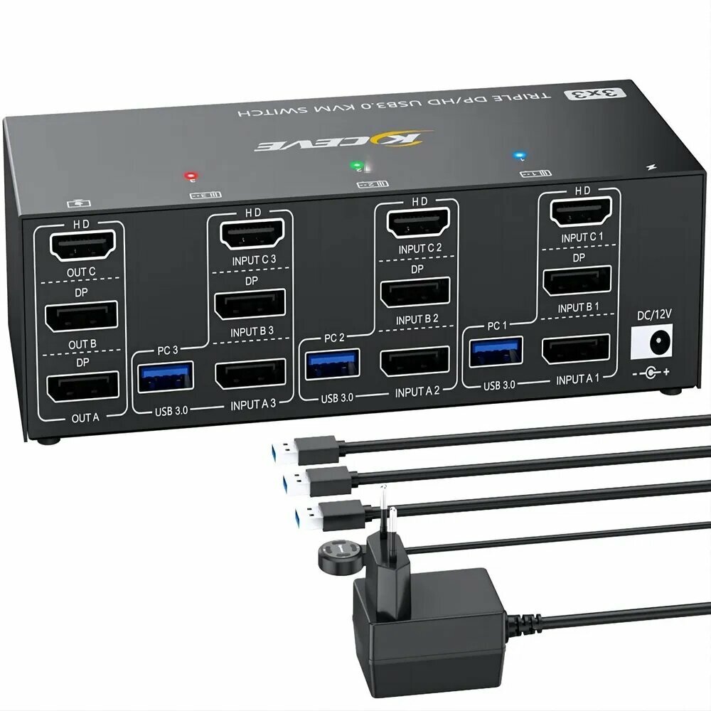 Переключатель KVM 3 монитор PC 3 8K@60Hz 4K@144Hz Переключатель KVM с тремя дисплеями HDMI + 2 для 3 ПК, 3 мониторов и 4 USB 3.0 устройств