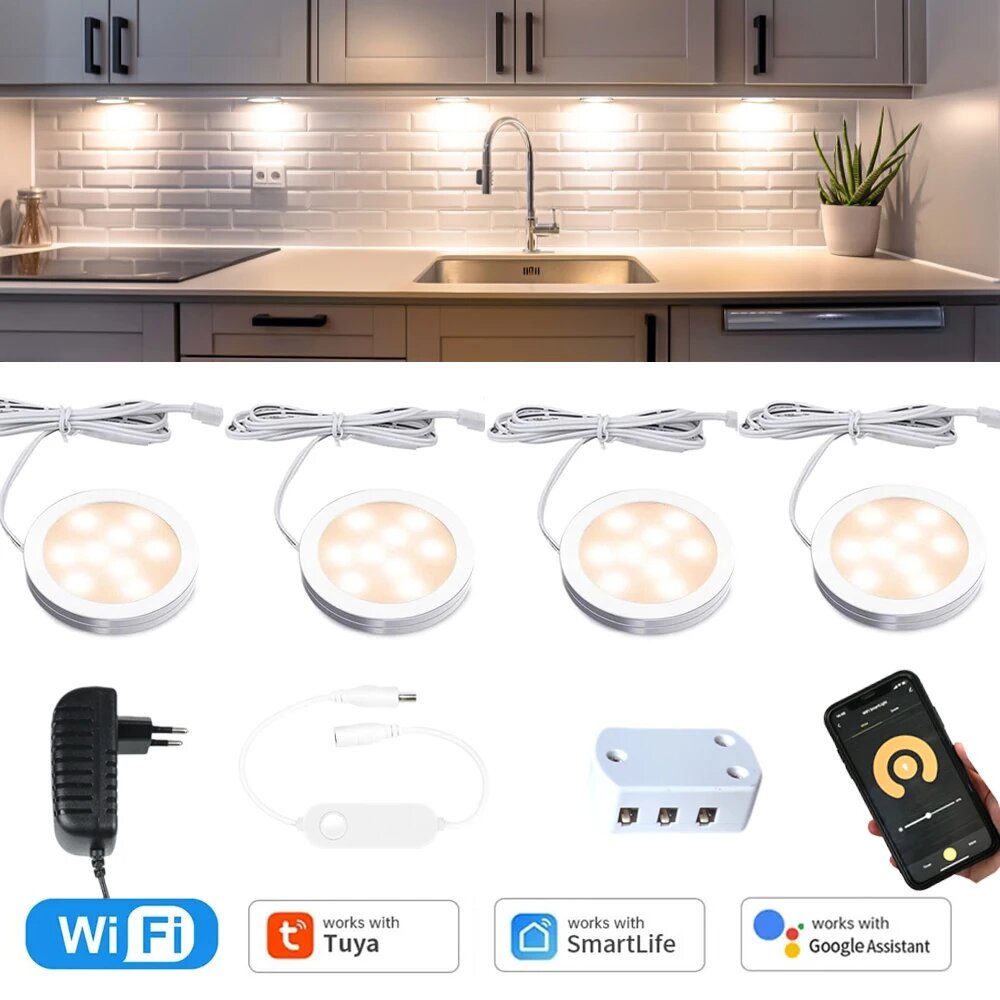 Светодиодная подкабинетная лампа Tuya WiFi круглая 3 4 6 9Pack, регулируемая яркостью, для шкафа, кухни, гардероба, шкафчика, витрины, совместима с Alexa и Google Home — полный набор из 8 штук