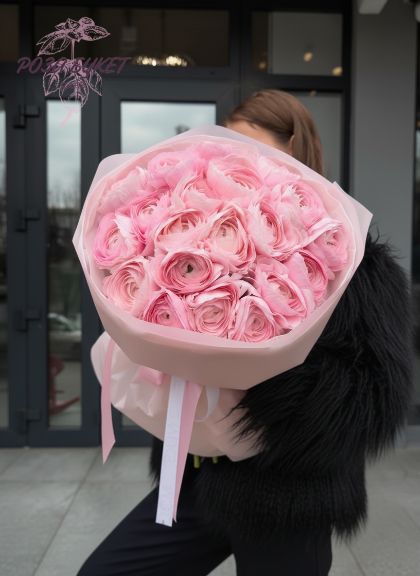 Букет цветов, розовые ранункулюсы 29 шт, красивый букет цветов, шикарный, премиум букет, долгий букет