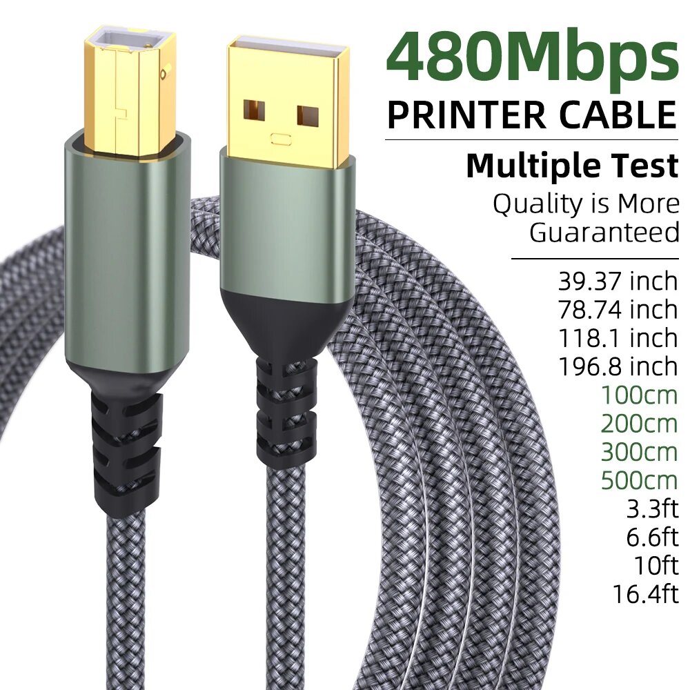 Кабель USB A - USB B для принтера, 5m, зеленый, 480 Мбит/с