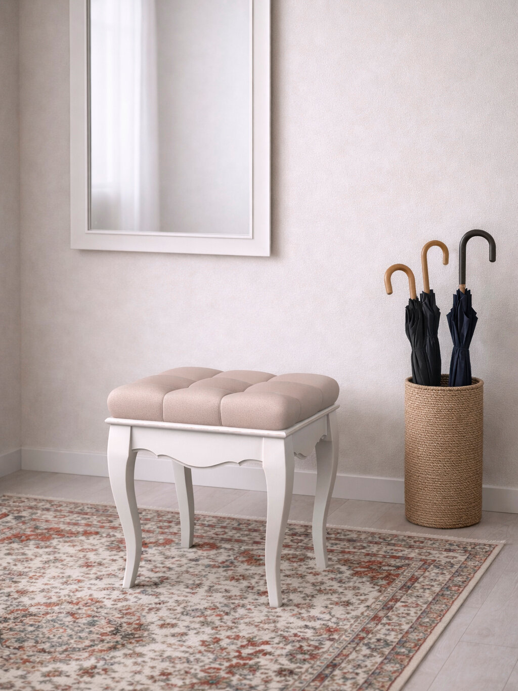 Пуф-табурет Ля Нэж "White Wood", стиль Прованс, белый, деревянный, с текстильной обивкой52x46,5x38 см