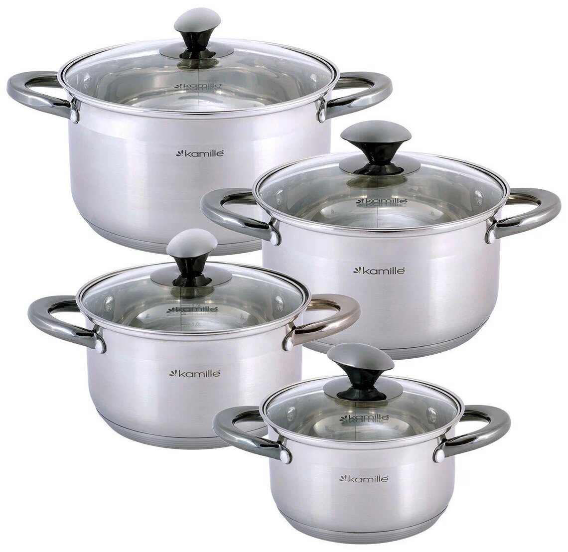 Набор кастрюль 8 предметов Kamille KM 4927 из нержавеющей стали (1,5 л; 2 л; 3 л; 5 л.) черные ручки (серебристый)