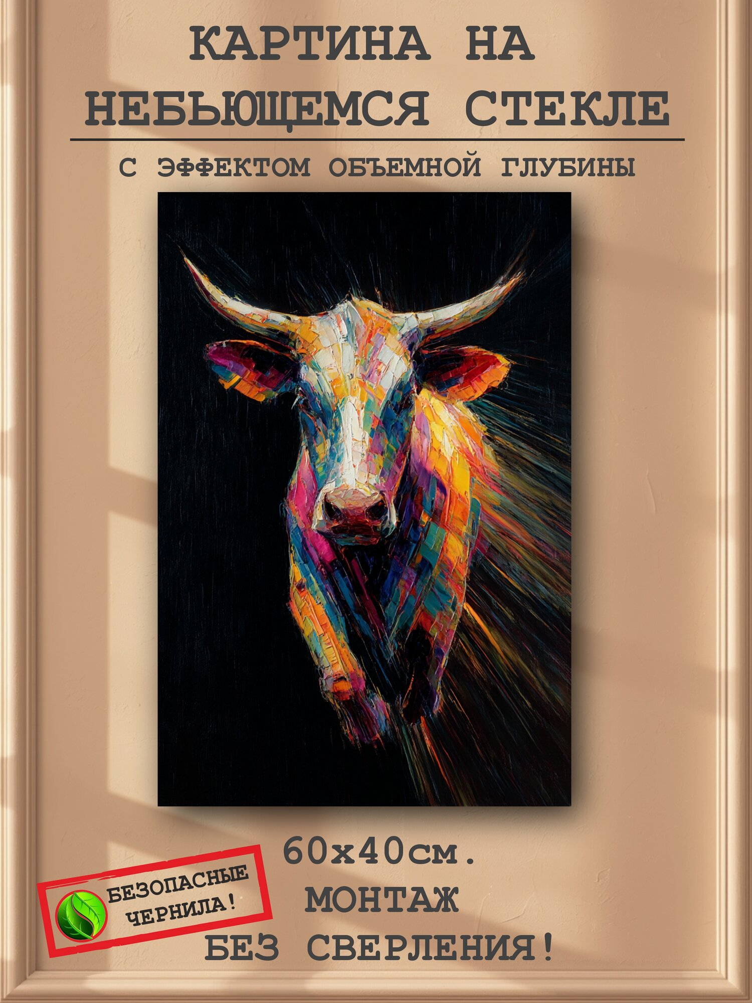 Картина на стекле 60 на 40 см. "Бык". Небьющееся стекло. Монтаж на двухсторонний скотч