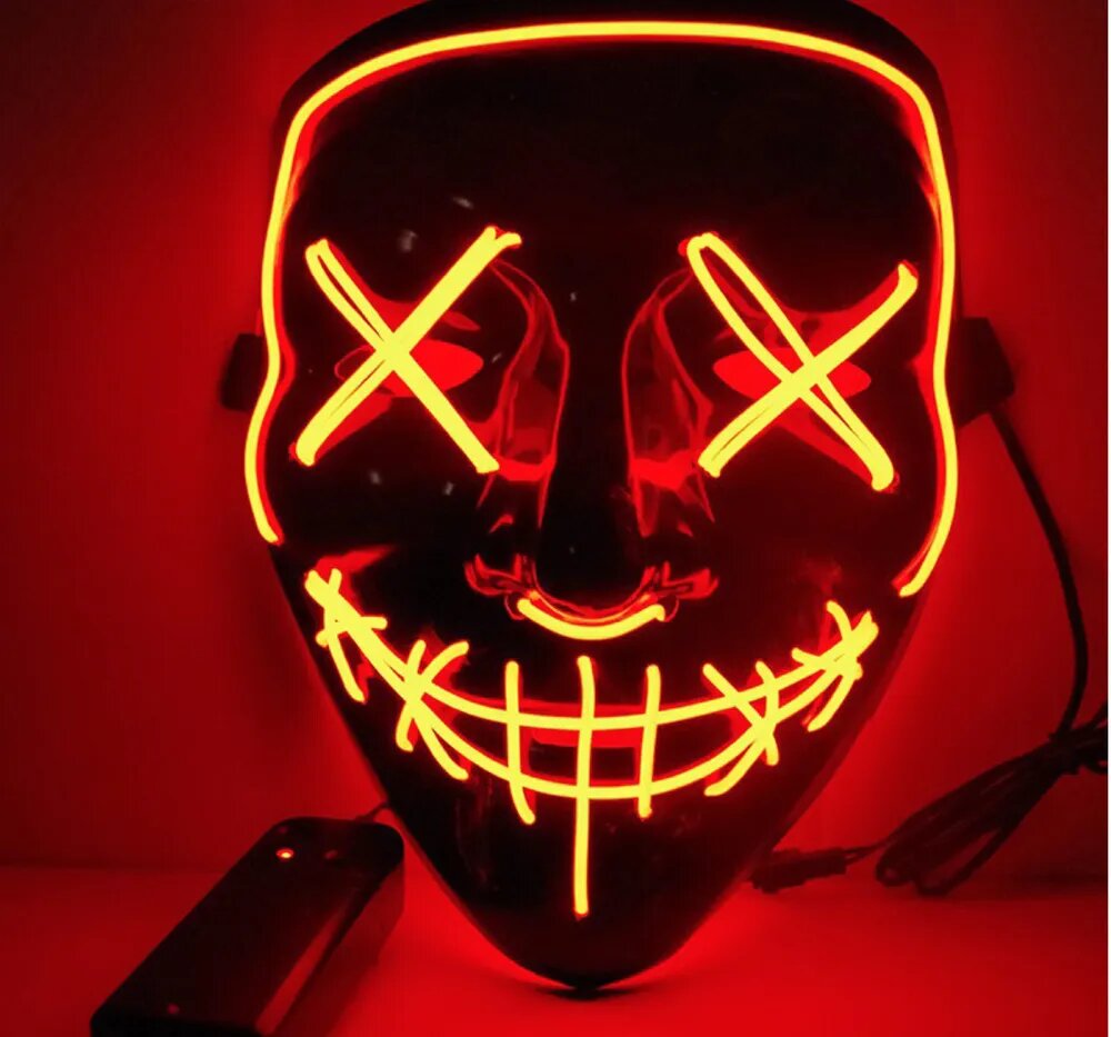 Неоновая маска Анонимуса оранжевый, Гая Фокса (Карнавальная маска V - значит Вендетта), "Судная ночь", (3 режима свечения, цвет оранжевый)