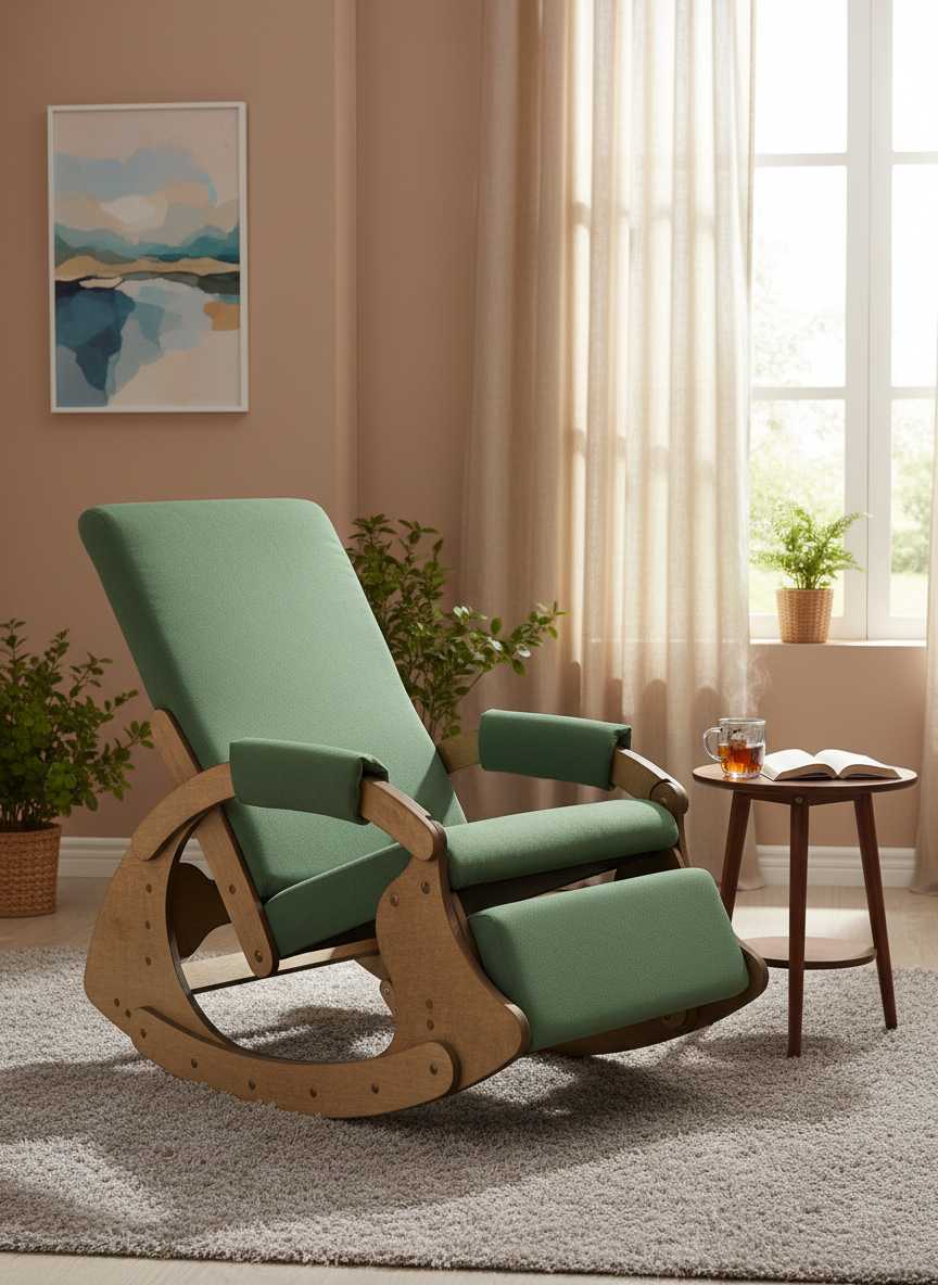 Кресло-качалка с подножкой для дома и дачи "бриз" от "Мягкой посадки", обивка зеленый велюр