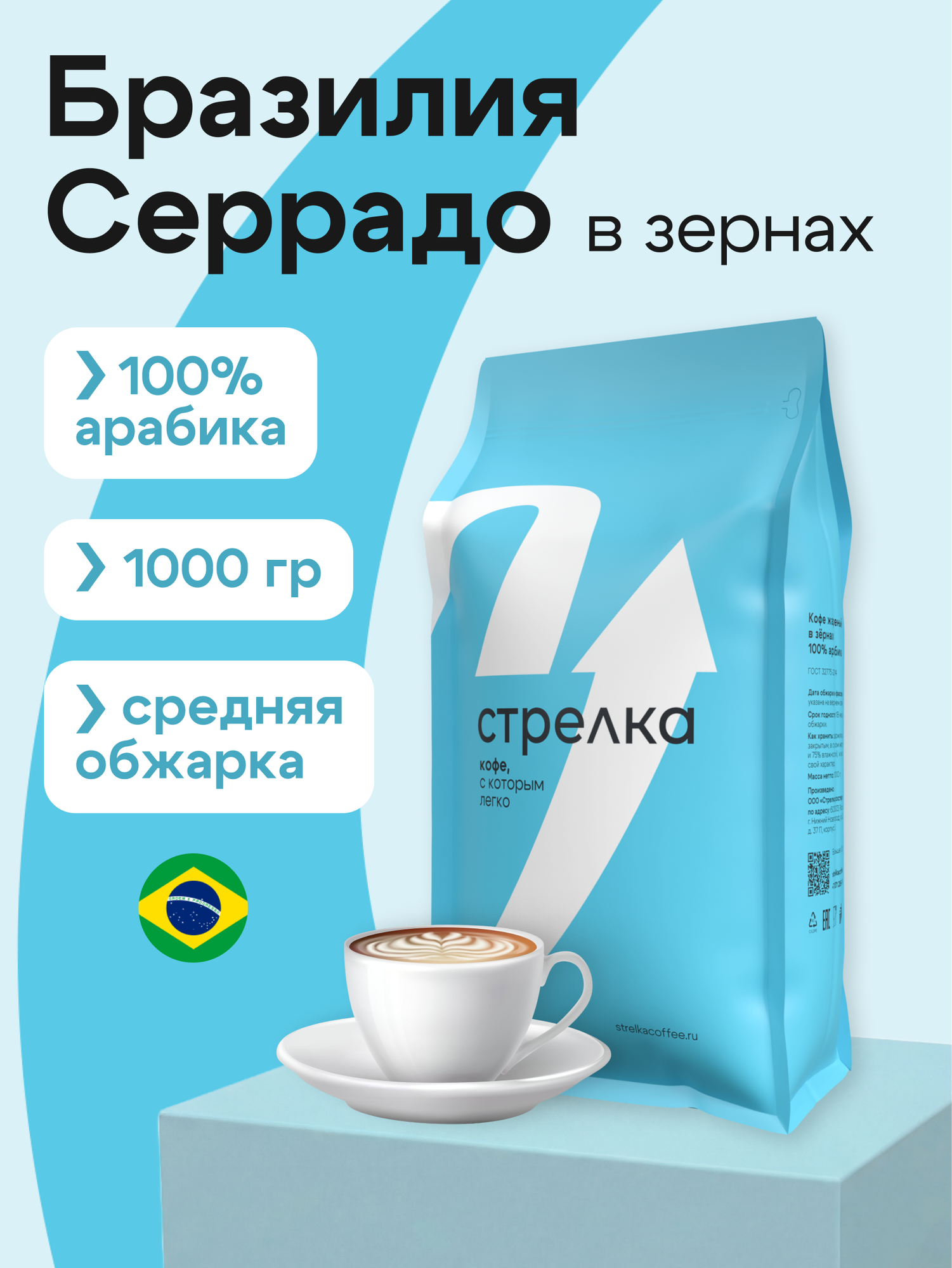 Кофе в зернах 1 кг Бразилия Серрадо Арабика 100% свежеобжаренный, натуральный, живой