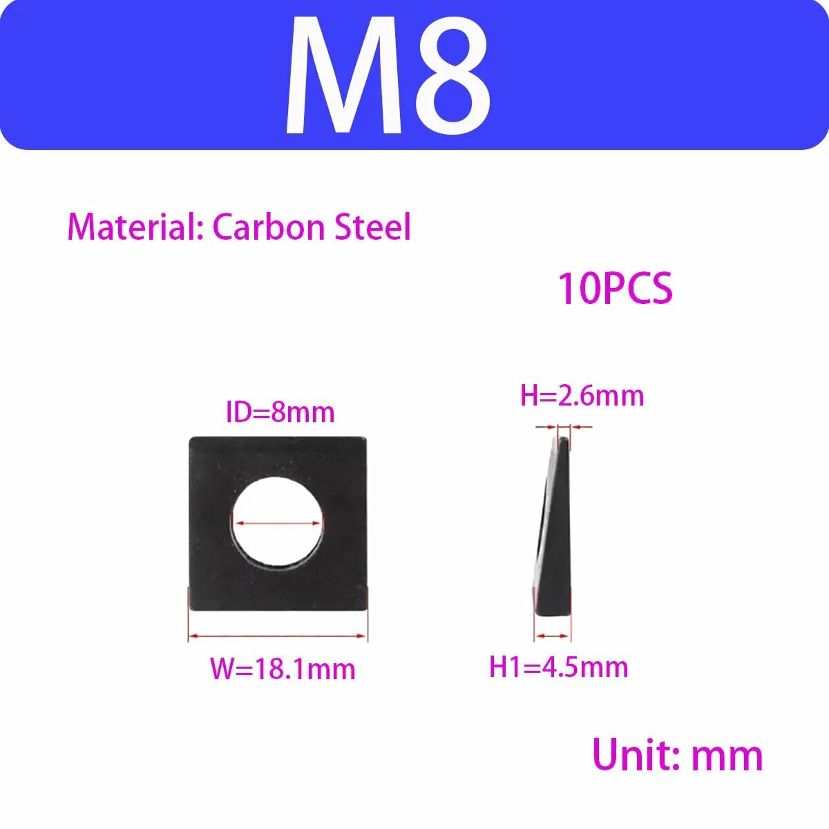 Квадратная диагональная шайба из углеродистой стали GB852 M6-M30 10PCS M8