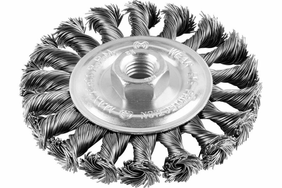 Щетка для УШМ крученая плоская d-100мм с резьбой М14, стальная, грубая, 12500 об/мин, в блистере Monogram арт. 107035 -