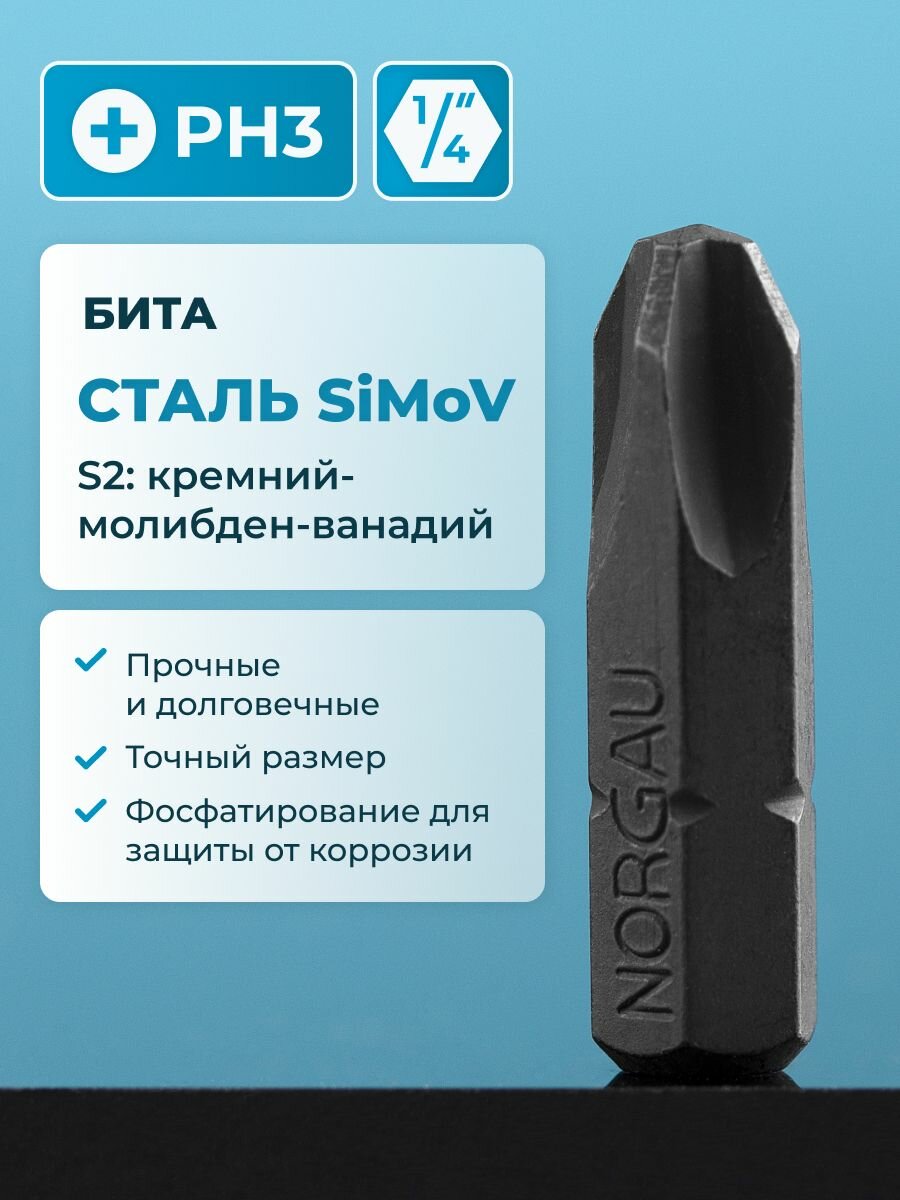 Бита PH3 NORGAU Industrial из высокопрочной SiMoV стали S2, под шестигранник 1/4"