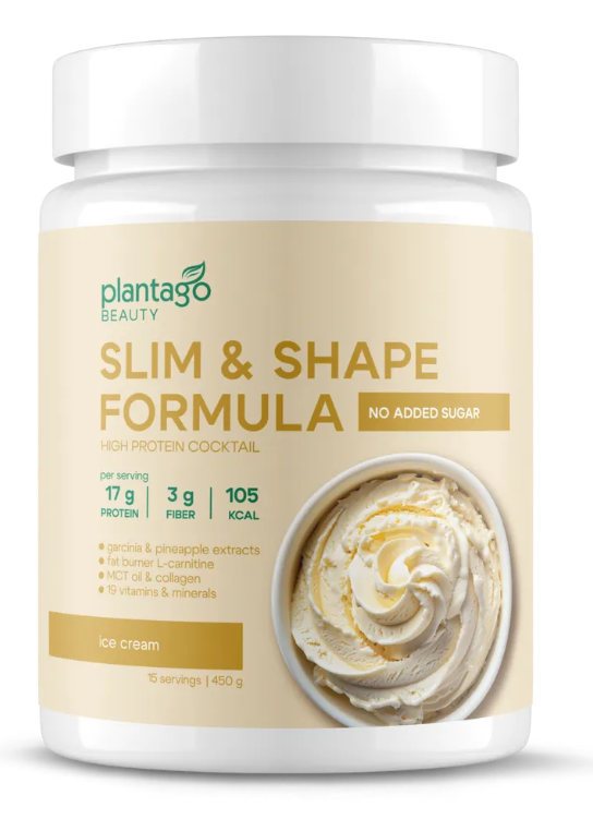 Протеиновый фитнес коктейль для похудения Prime Kraft SLIM & SHAPE PLANTAGO Protein, Сливочное мороженое 450 г.