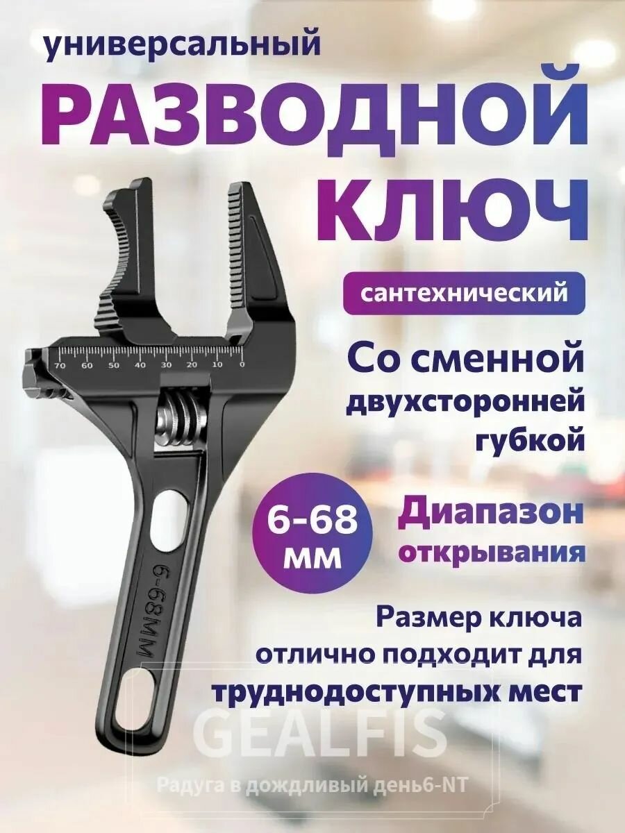 Ключ разводной сантехнический GEALFIS с широким зевом 6-68 мм универсальный гаечный ключ для труднодоступных мест под раковиной