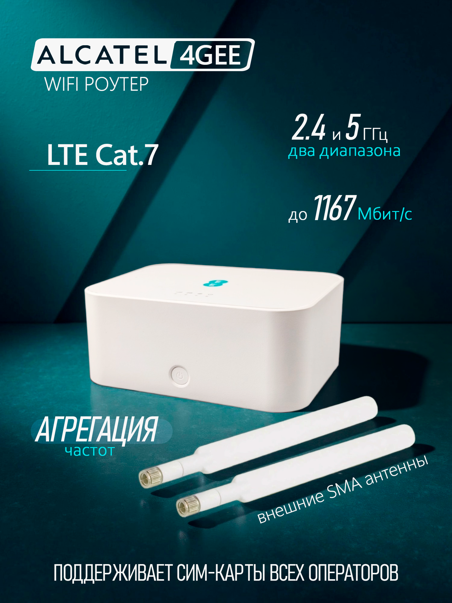 4G Wi-FI роутер Alcatel Cat.7, слот для сим карты, 5 ГГц SMA 64 устройства