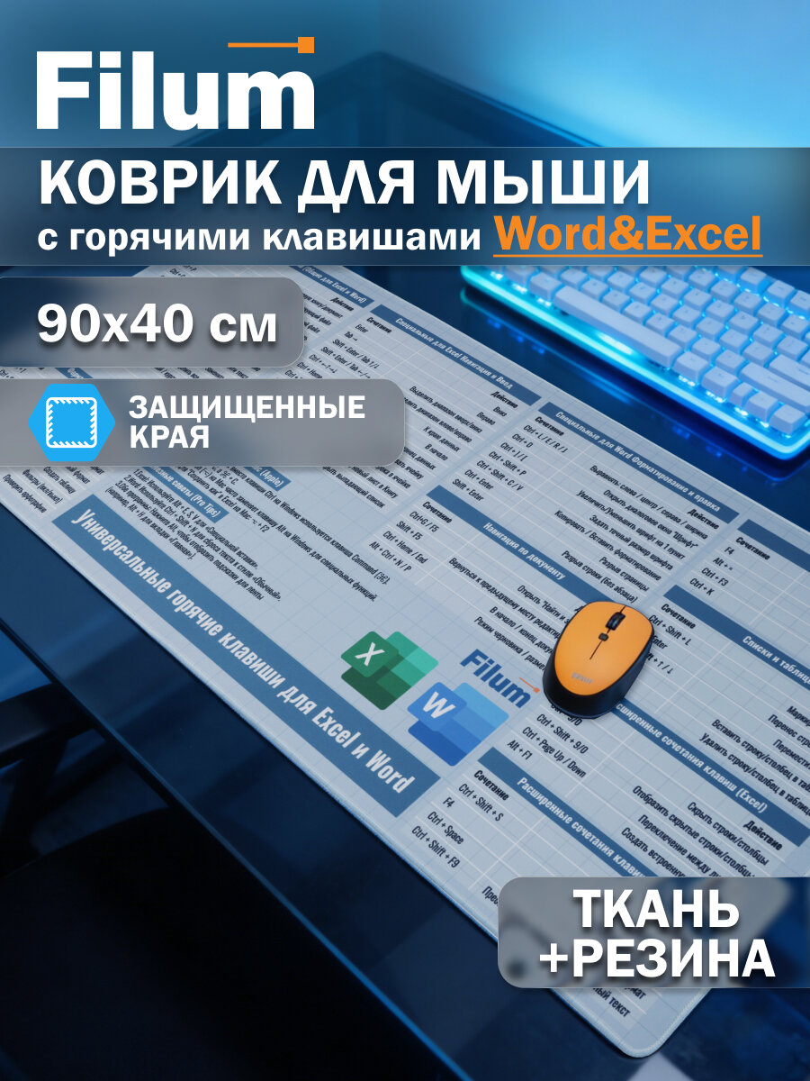 Коврик для мыши Filum FL-MP-L-900-400 WRD_XLS цветной, 900*400*3мм, ткань+резина+прошитый край