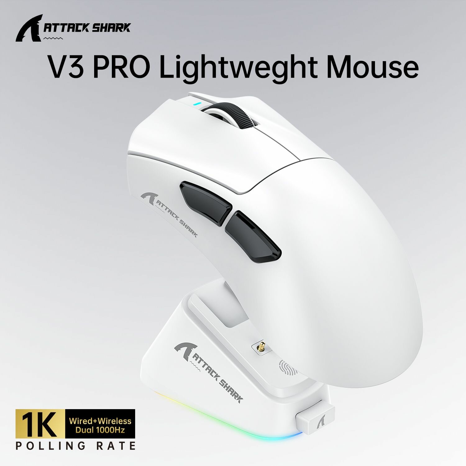 Беспроводная киберспортивная игровая мышь ATTACK SHARK V3 PRO с магнитной зарядной док-станцией: опрос 1K, разрешение 25K DPI, сенсор PAW3311