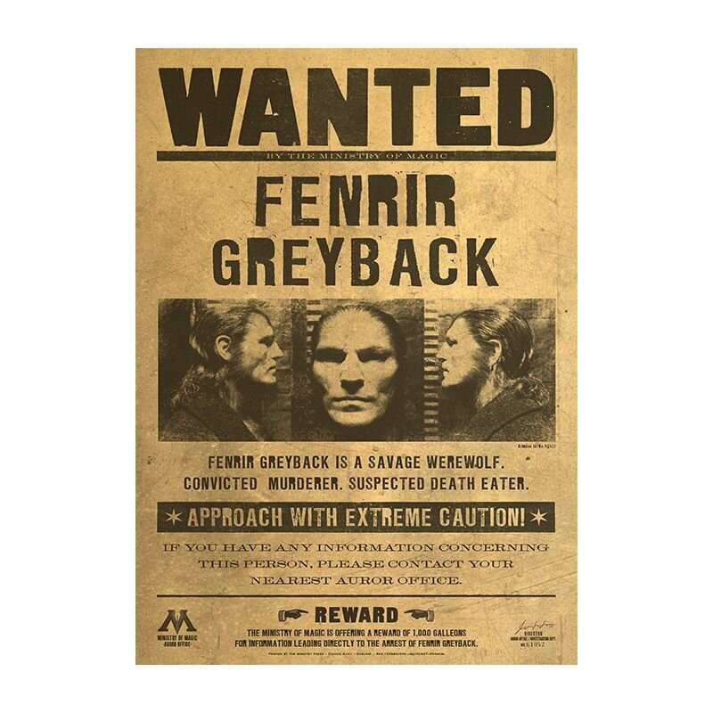 Плакат Гарри Поттер "Оборотень Фенрир Сивый (Fenrir Greyback) в розыске"