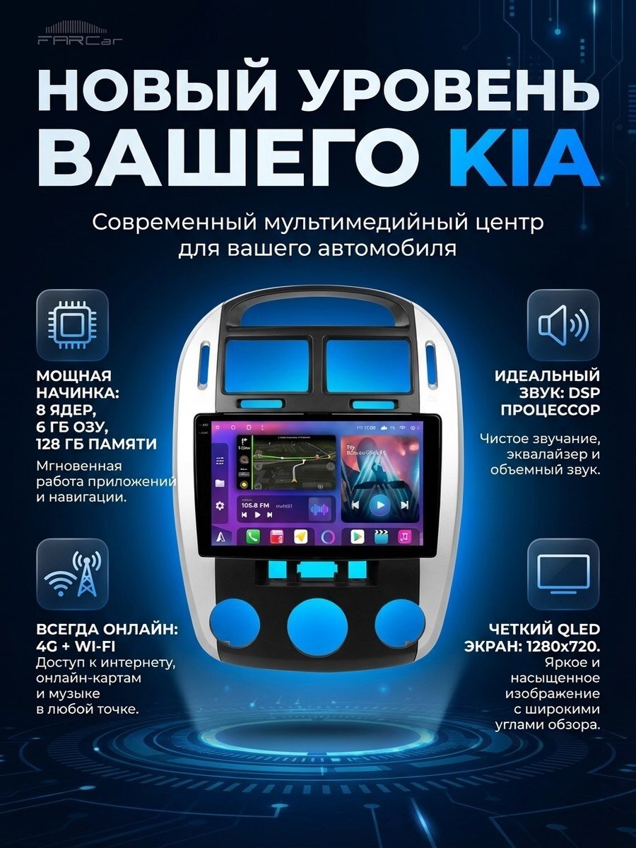 Магнитола КИА Церато 1 (Kia Cerato 1 LD) 2004-2008 на Android 14, CarPlay/Android Auto, WiFi + 4G