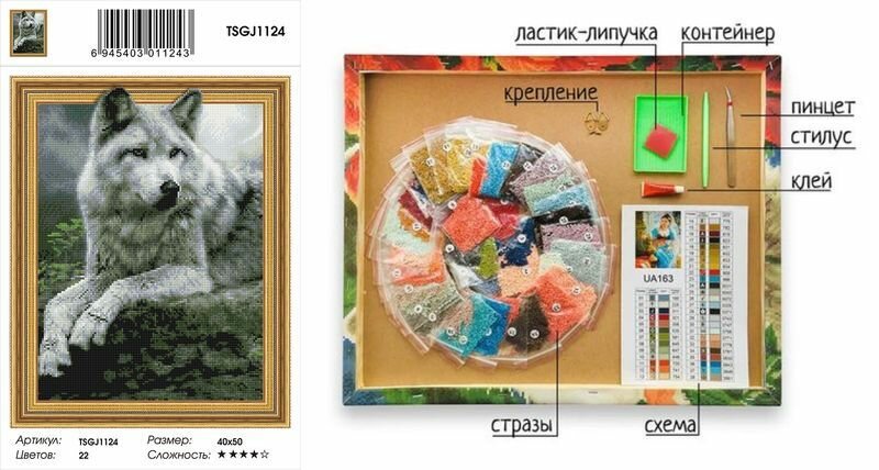 Алмазная живопись Yiwu "Волк", 3D, 40х50 см, стразы круглые, контейнер, основа-холст с подрамником