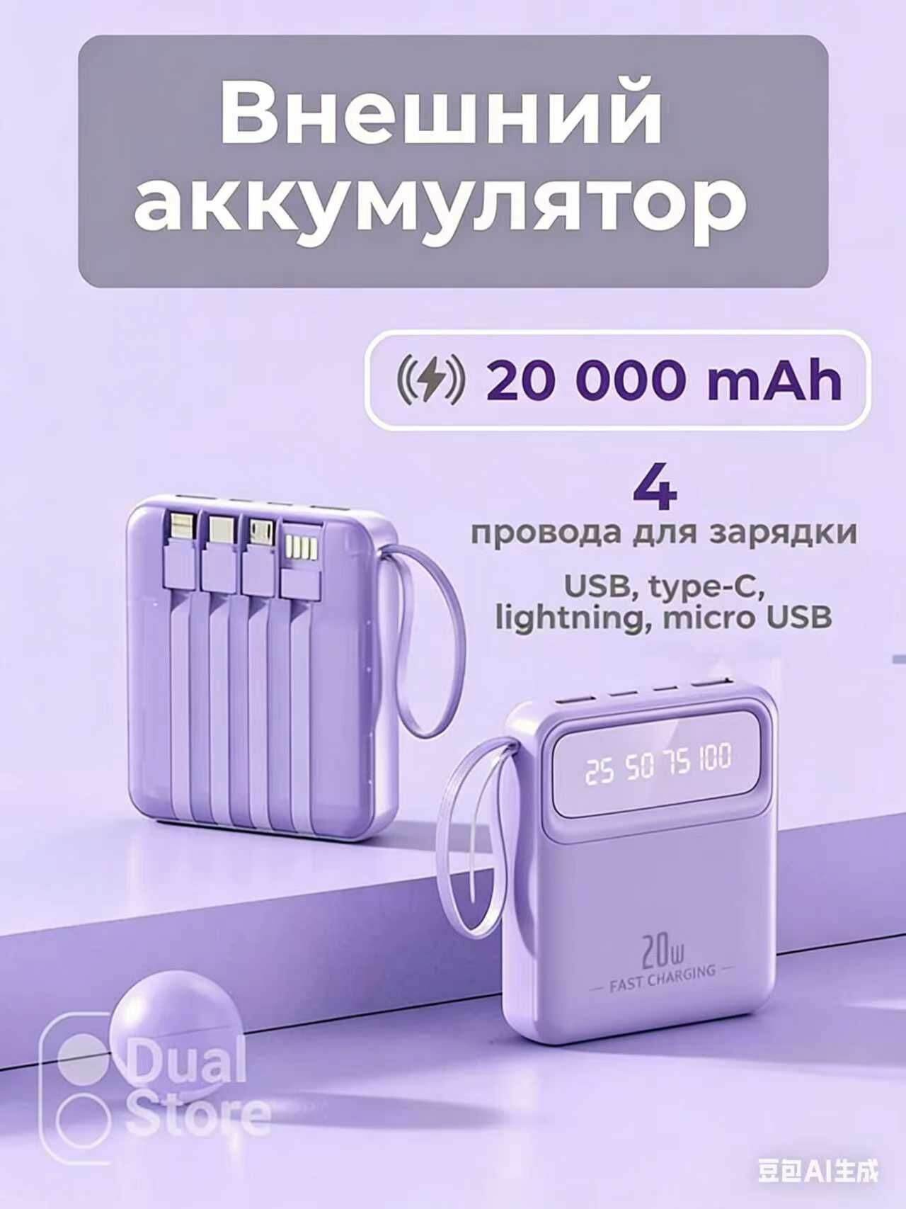 Внешний аккумулятор лавандовый (мини, mini), Power Bank, повербанк на 20000 mah для телефона со встроенными кабелями Usb, Lightning, Type-C, Micro usb