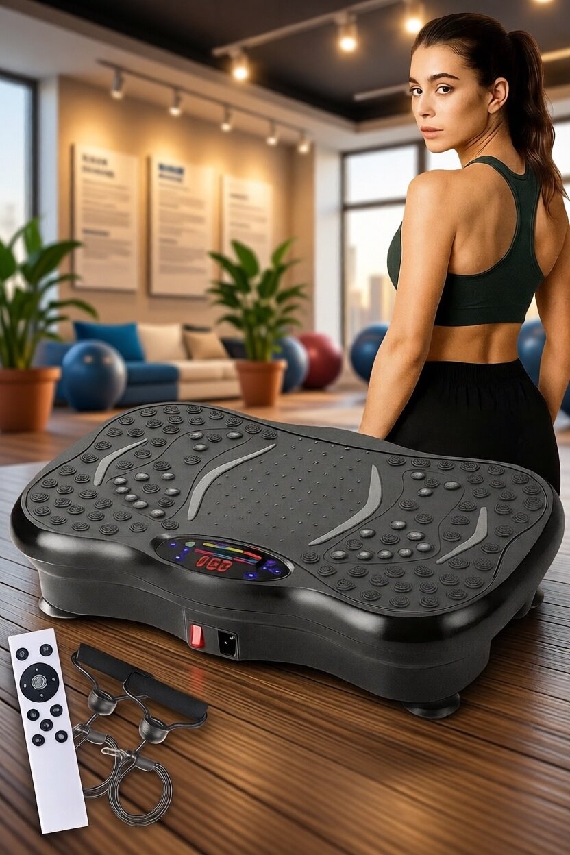Виброплатформа для похудения, тренажёр для занятий дома, 99 скоростей, эспандеры 2 шт, черный с Bluetooth