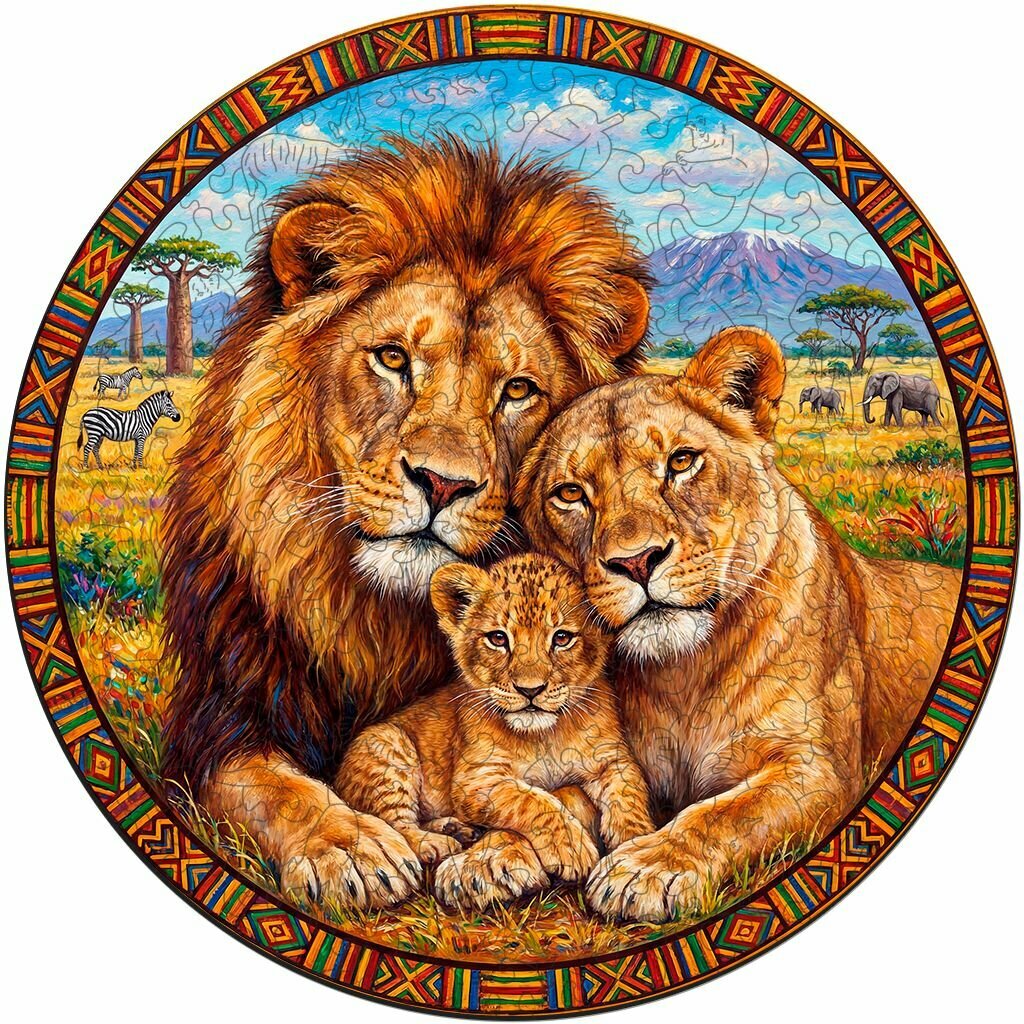 Деревянный пазл BoberBox "Семья львов", 217 деталей, круглый 30 см
