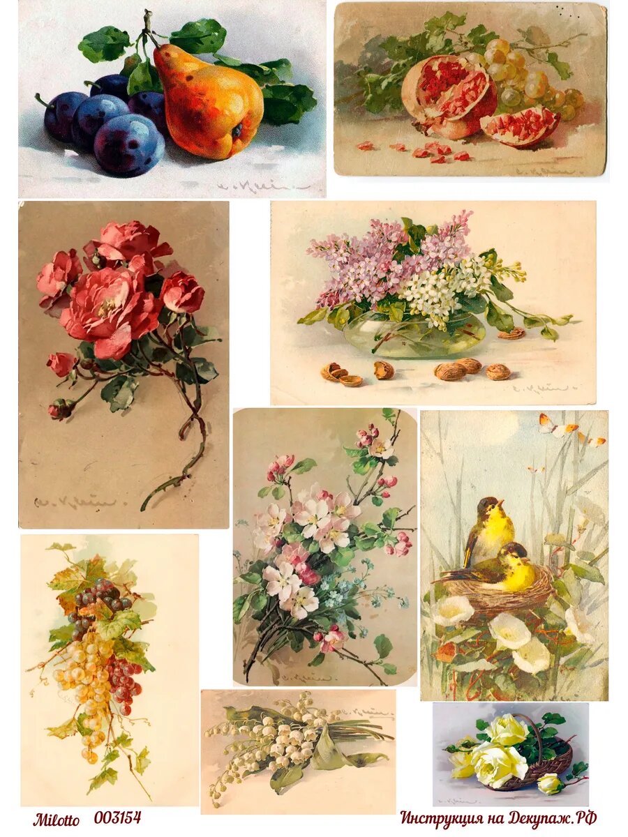 Декупажная карта рисовая бумага А4 цветы фрукты птицы