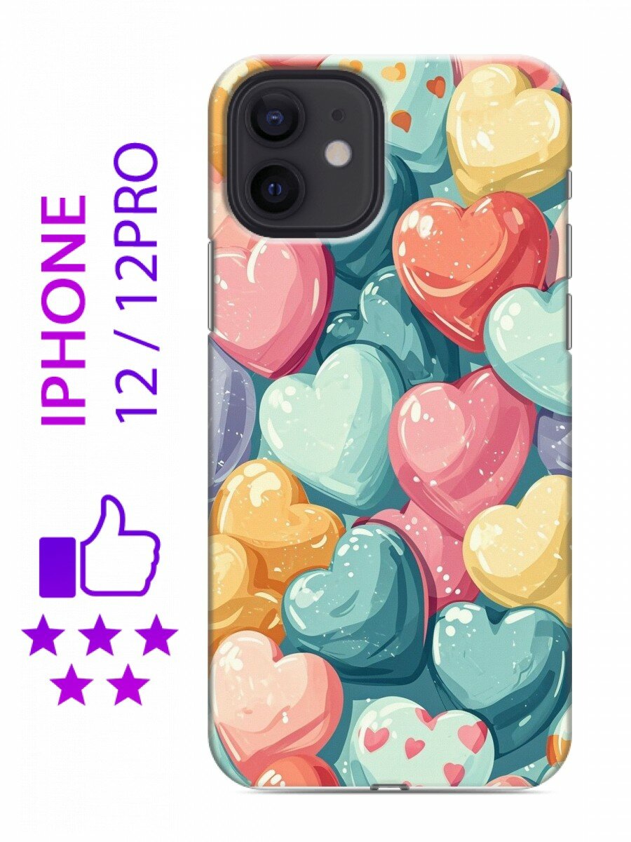 Чехол для Iphone 12 с принтом для девочек с разноцветными сердечками (Айфон 12)
