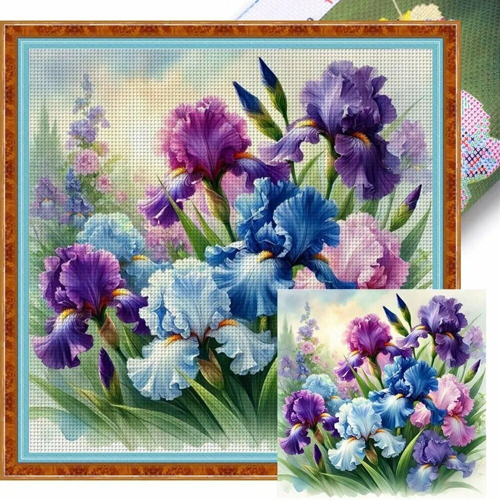 Набор для вышивания крестом Цветы, хлопок, 40x40 см, с печатным рисунком на канве