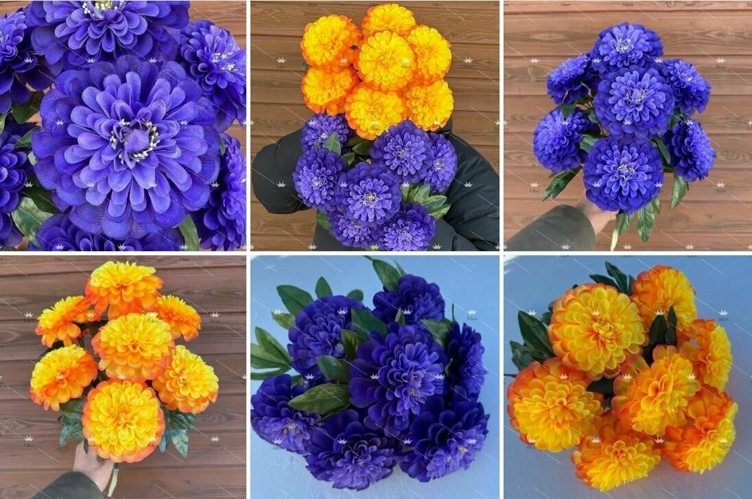 Цветы искусственные - 20 букетов георгинов 50 см, 7 бутонов для интерьера дома, офиса, банкета, на кладбище, на пасху, на могилу