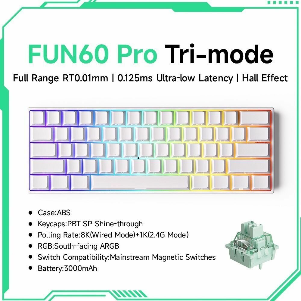 AKKO MonsGeek FUN60 PRO, single 8K, SP Белый прозрачная, Трехрежимная механическая клавиатура, RGB, 61 клавиша, Магнитный выключатель Akko Glare