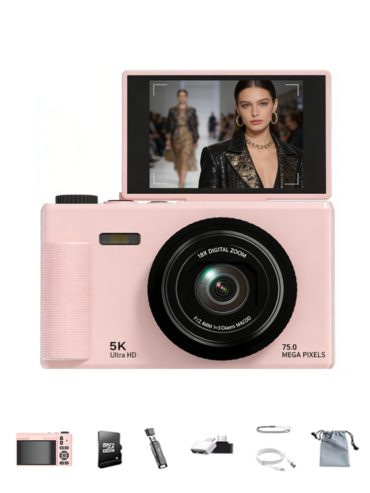 5K Ultra HD Цифровая камера 75 МП 18X зум с поворотным экраном и макро – для Vlog