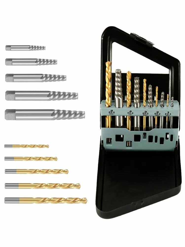 Набор экстракторов и сверл в стальном кейсе 10 предметов / Экстракторы 5 шт. и Сверла Левые 5 шт. для выкручивания сломанных болтов и шпилек