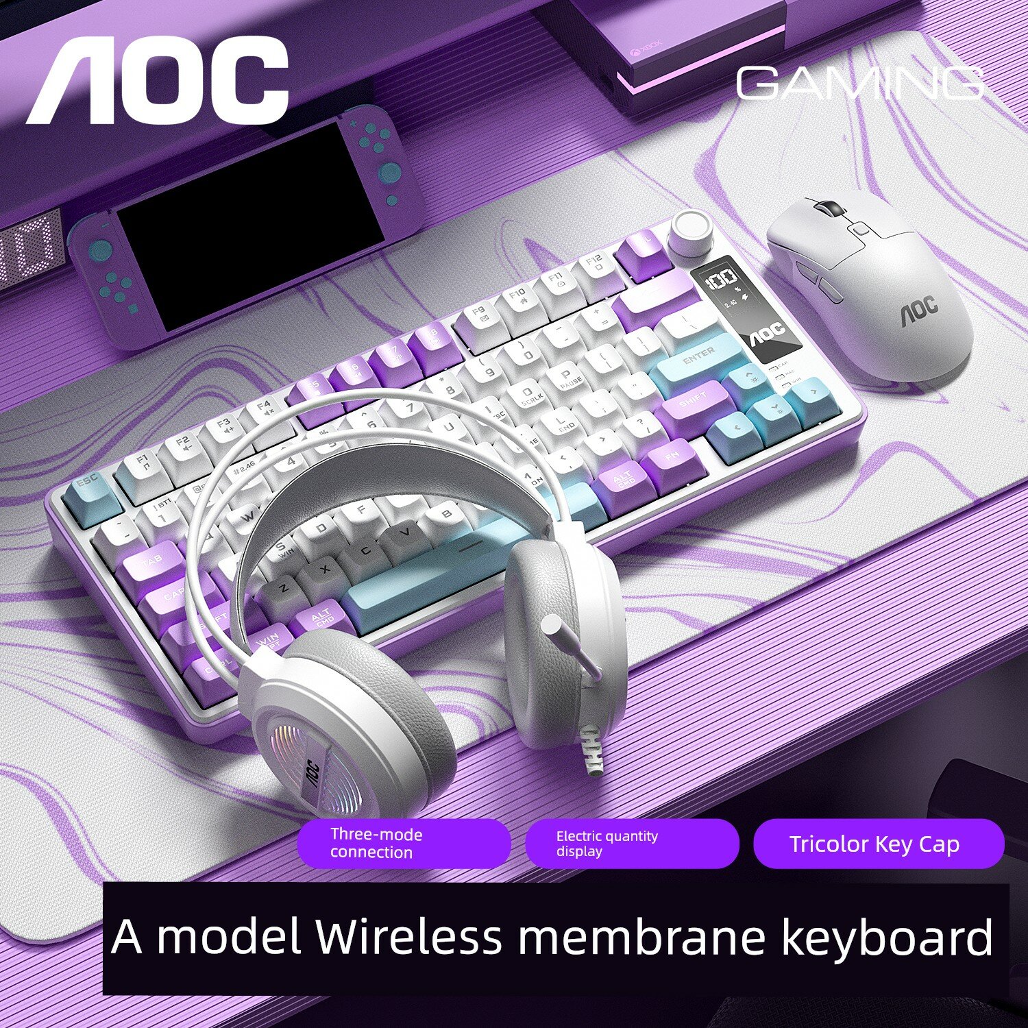 AOC GK300 беспроводная клавиатура и мышь с проводным наушником, цвет Фантастическая фиолетовая