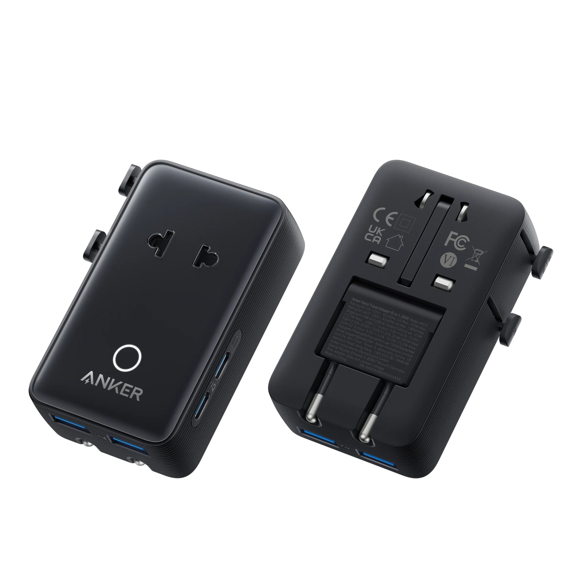 Адаптер Anker Nano Travel Adapter, 5-портовый, с 1× 2-контактным разъемом AC, 2 USB A, 2 USB C для зарядки 20 Вт, с интеллектуальным контролем температуры, A9215