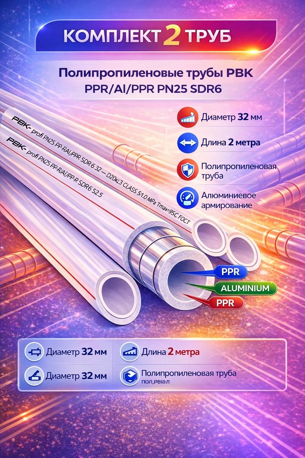 Комплект 2 шт. РВК полипропиленовая труба армированная алюминием PROFI PPR/Al/PPR PN25 SDR6 D32 2м