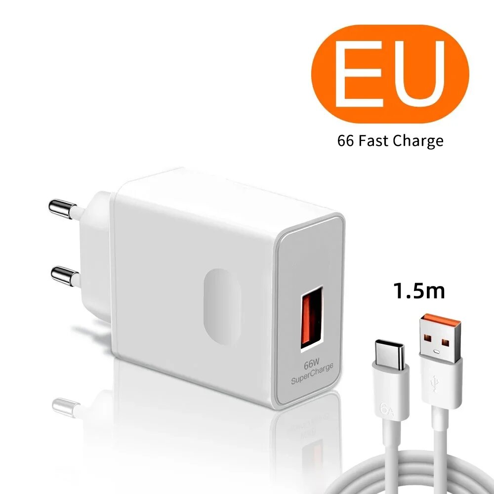 Супербыстрое Зарядное Устройство 6A 66W Type-C Для Huawei Mate 50 60 P50 Nova8 9 EU Plug 1.5M Cable