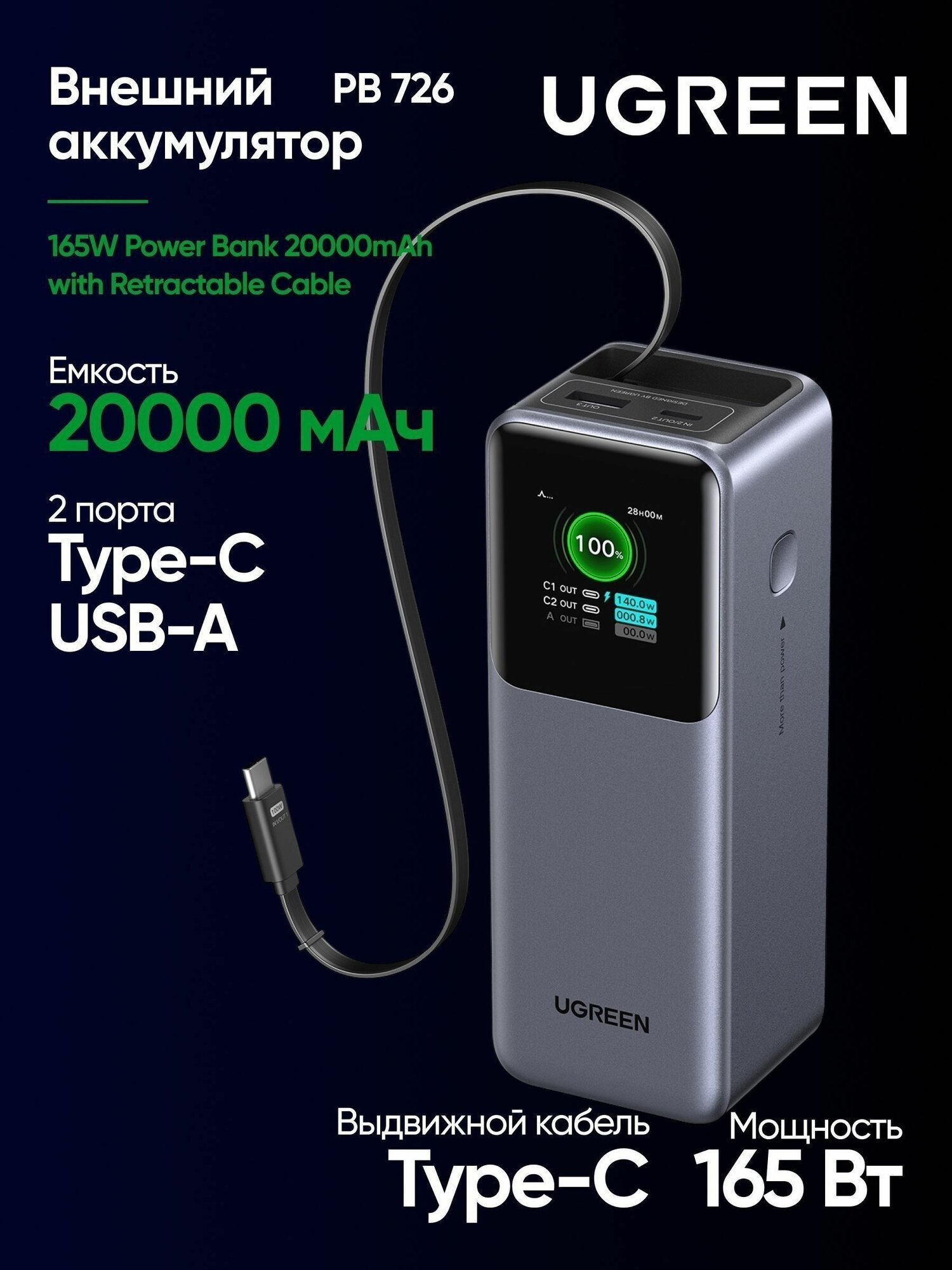 Внешний аккумулятор с выдвижным кабелем UGREEN PB726 (55987B) 165W Power Bank 20000mAh with Retractable Cable. Цвет: серый космос