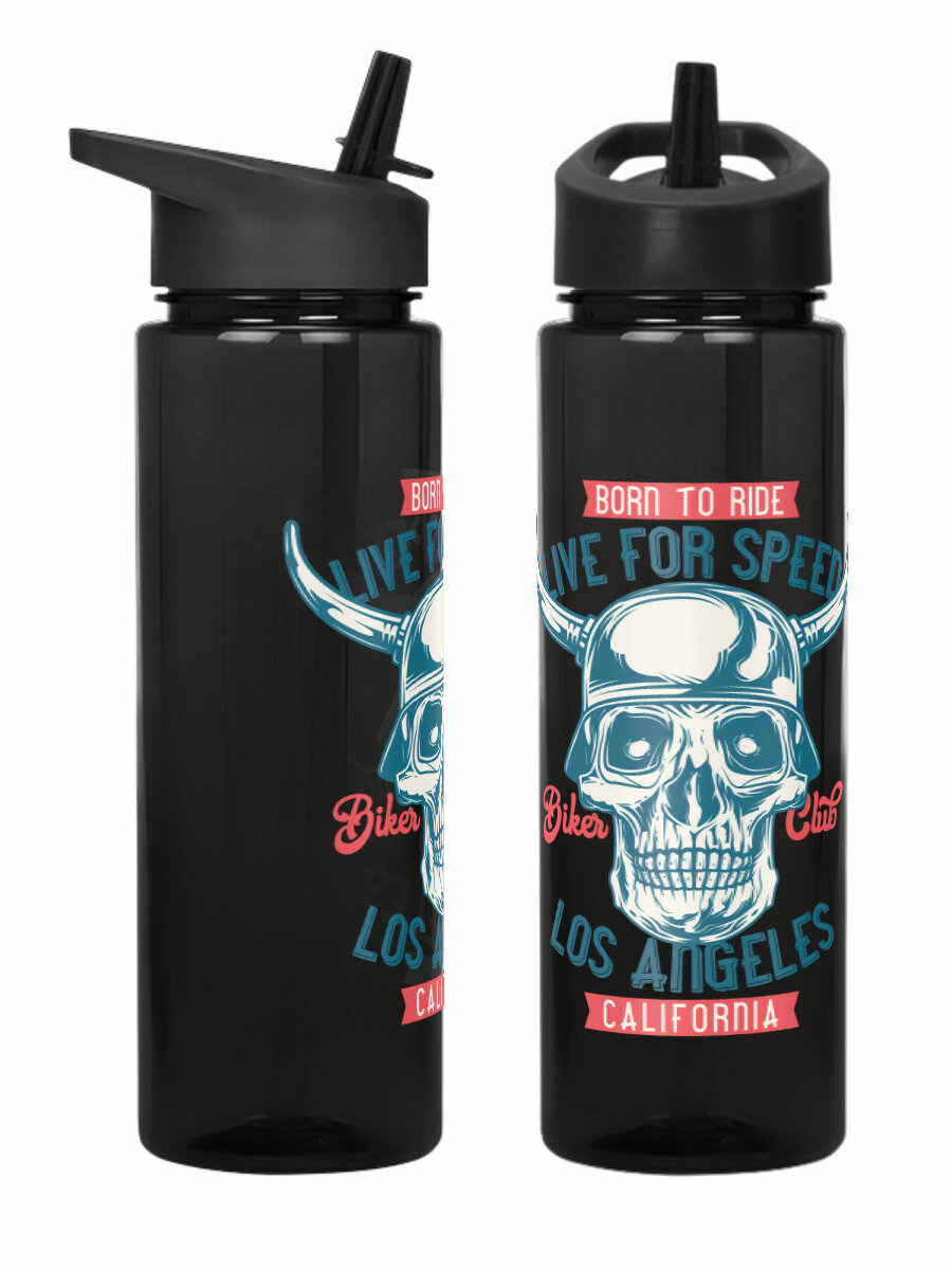 Бутылка черная для воды с принтом Череп в шлеме с рогами. Скелет, мотоцикл
