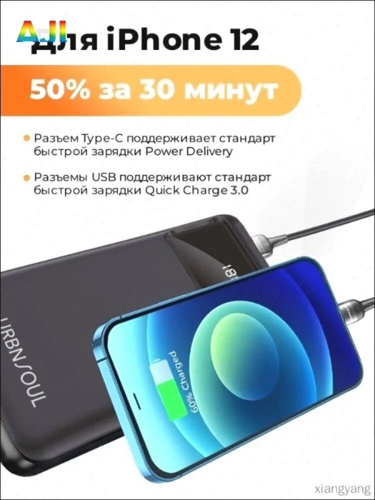 Портативный аккумулятор Power Bank 20000 mAh Быстрая зарядка 2 USB Type-C Черный — фото 1