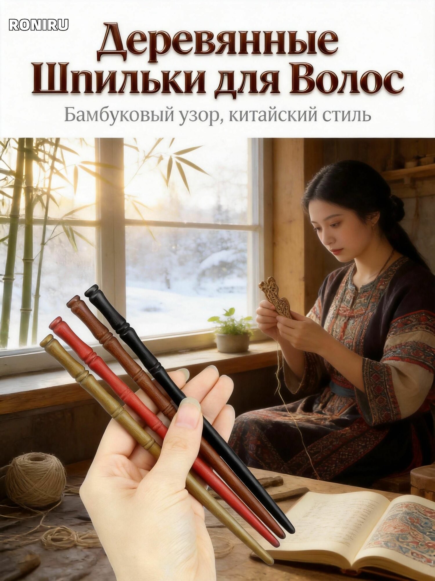 4 шт шпильки для волос из дерева с бамбуковым узором, винтажные элегантные аксессуары китайского стиля для создания причесок диаметр 17-18 см набор для подарка