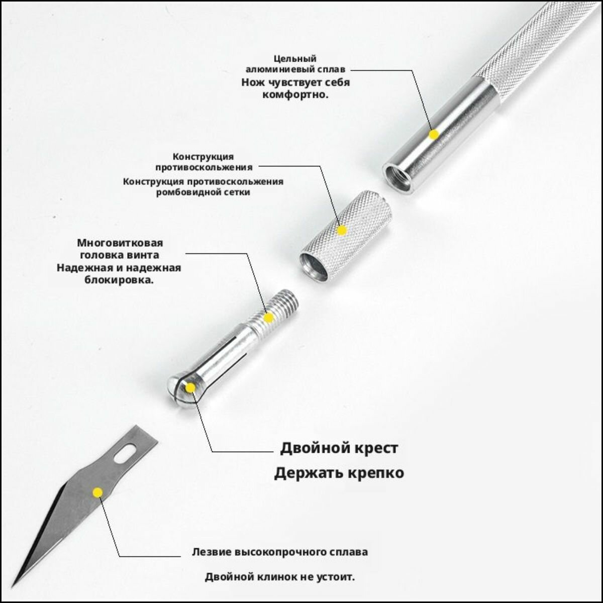 Нож скальпель канцелярский, резак для бумаги, кожи, скрапбукинга. Макетный нож модельный. Цанговый нож со сменными лезвиями 5 шт.